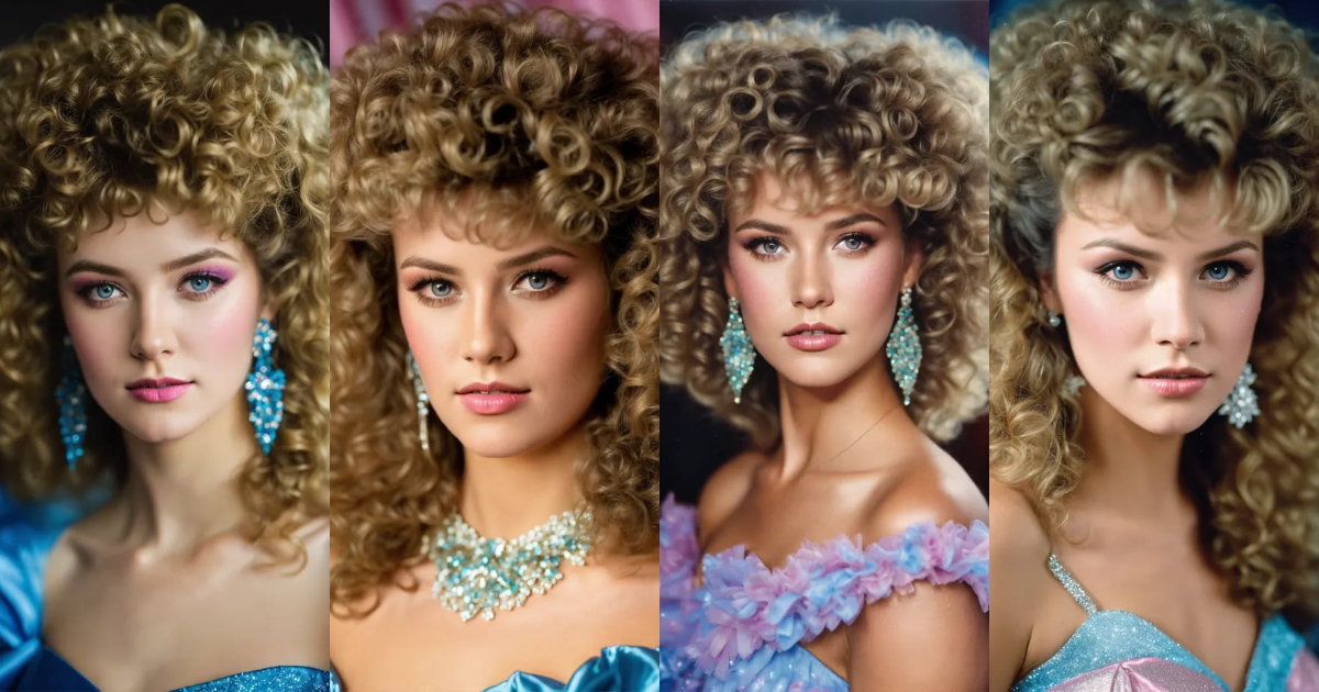 Lexica - "pretty 80s prom queen", 80s perm curls, huge fluffy 80s prom ...