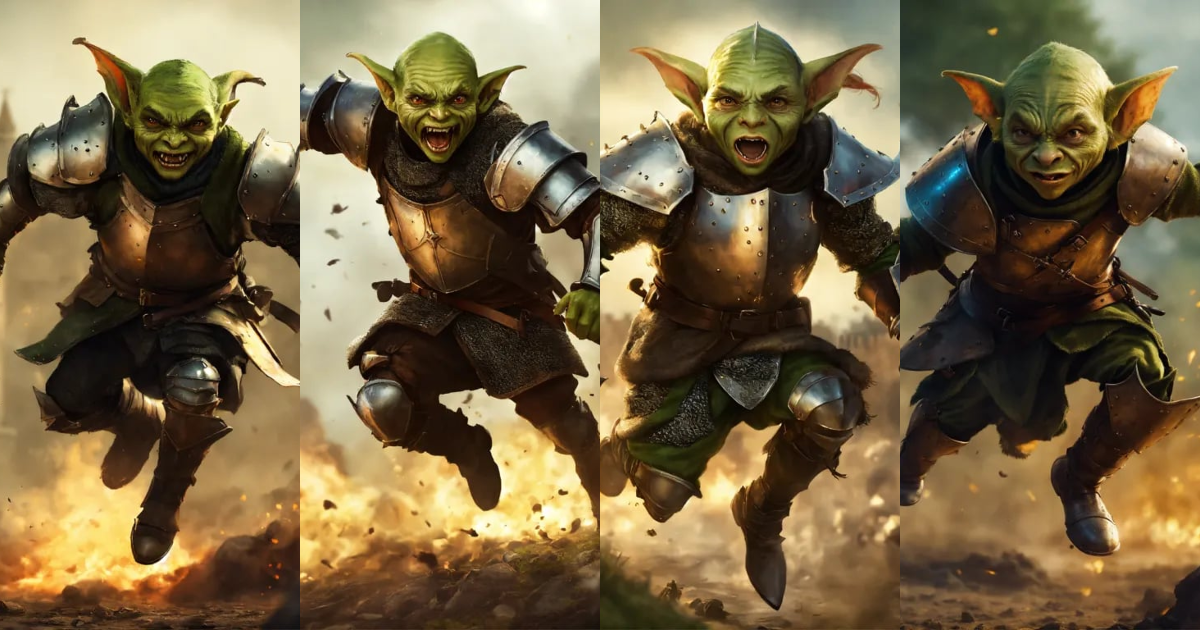 Lexica - Armored young goblin jumping in medieval battlefield, enraged ...