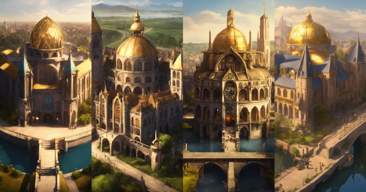 Lexica - Bird-view of a small fantasy city with a massive gothic ...