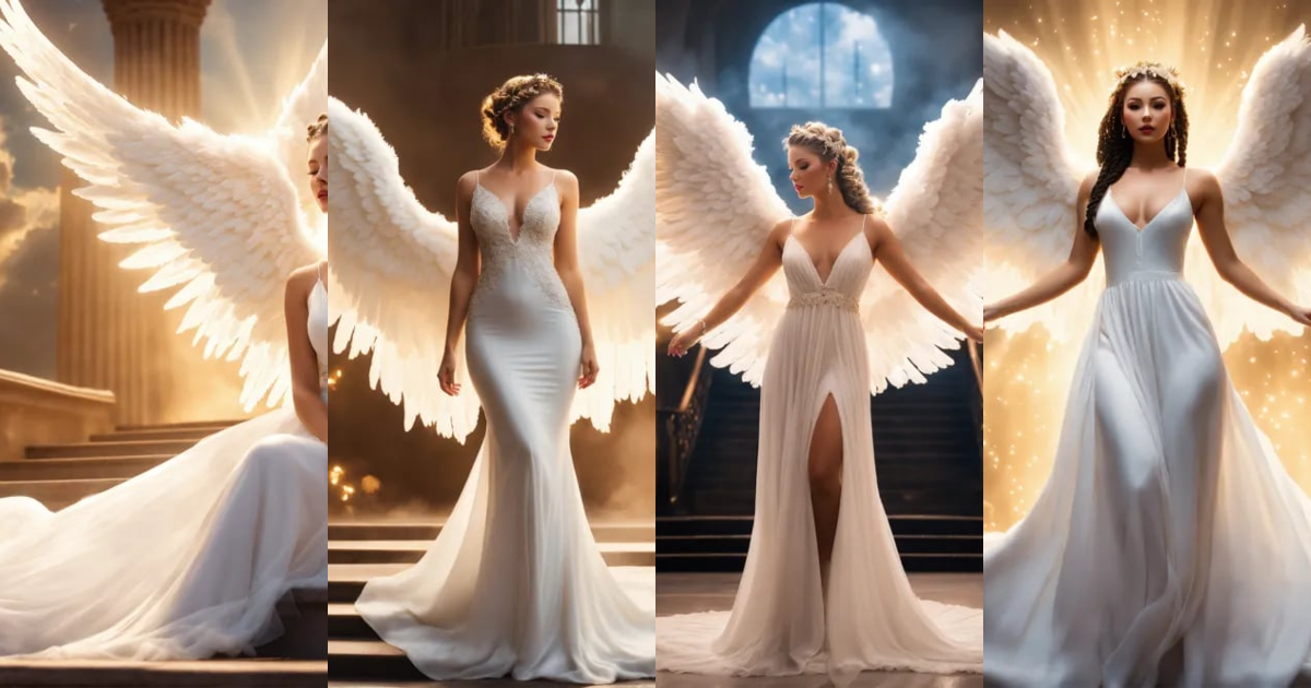 Lexica - Realistic A beautiful WHITE woman angel in all white flowy ...