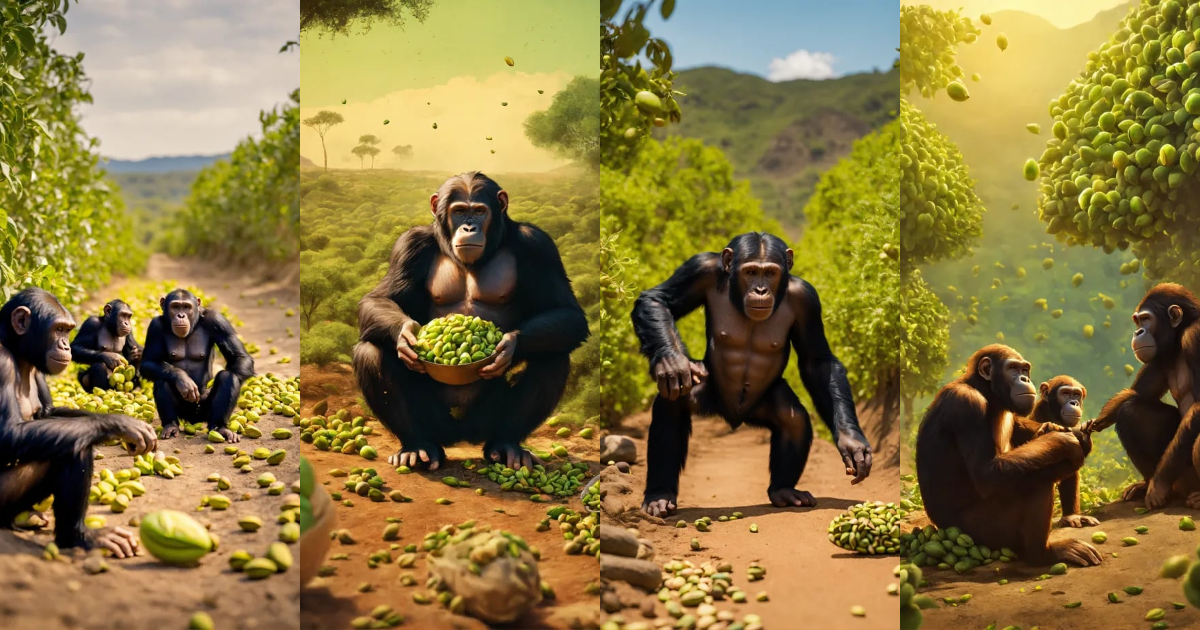 Lexica - Group of human apes discovering a pistachio in the middle of nowhere