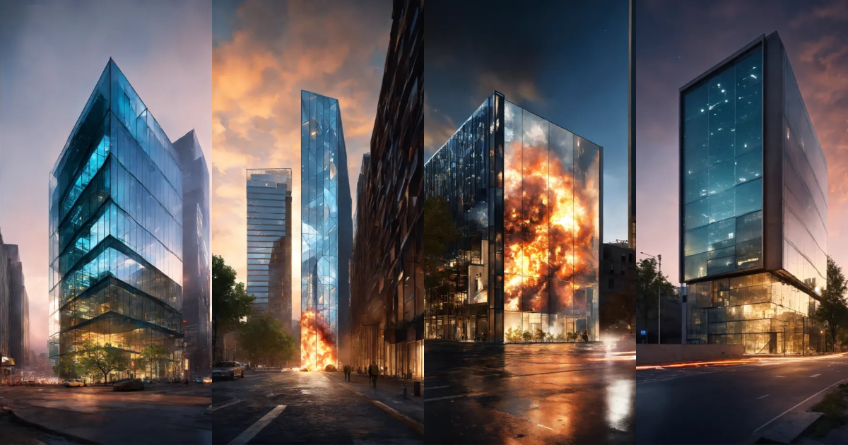 Lexica - Explosion into the night futur street with glass building ...