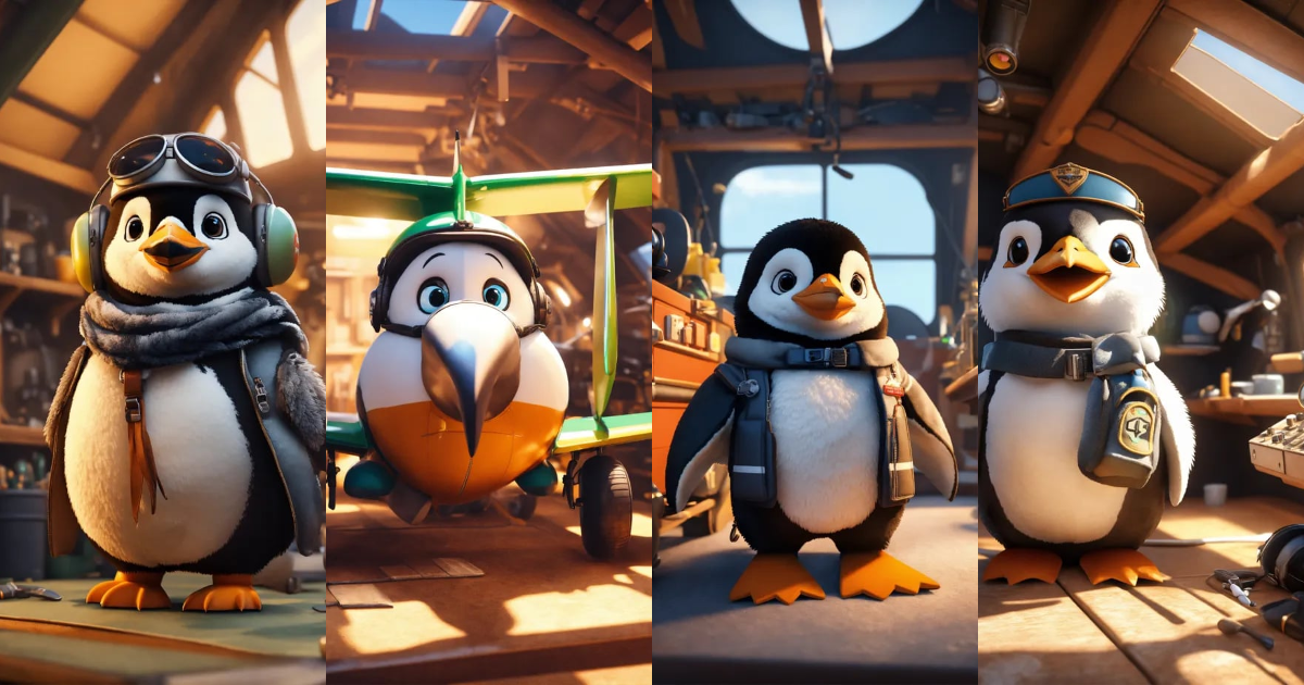 Lexica - A cute fluffy penguin pilot working on a plane in his shed ...