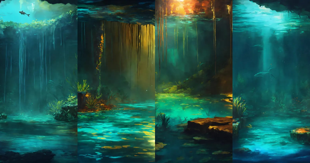 Lexica - Concept art of an scary dark underwater cenote, low light, oil ...