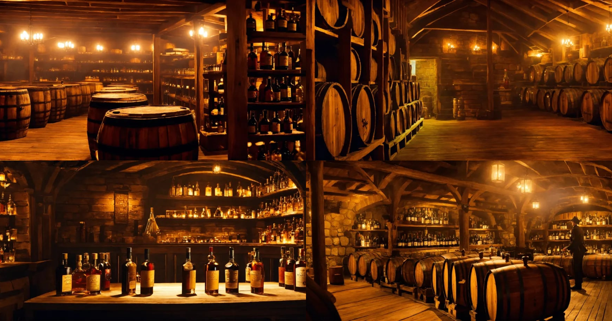 Lexica - Pirates in rum cellar, whiskey cellar, bottles, 8k