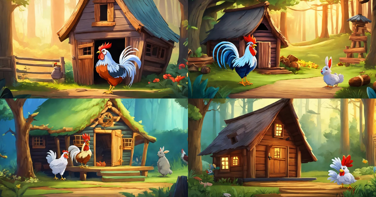 Lexica - Cartoon style rooster and a grey rabbit near the wooden hut in ...
