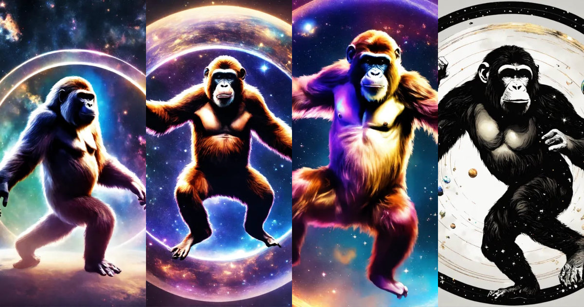Lexica - Ape dancing in space , in circle image, holographic, best ...
