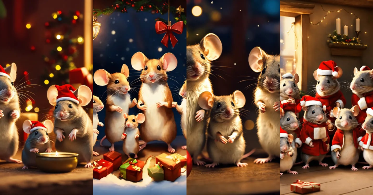 Lexica - A cute mouse family celebrating christmas unreal, a small ...