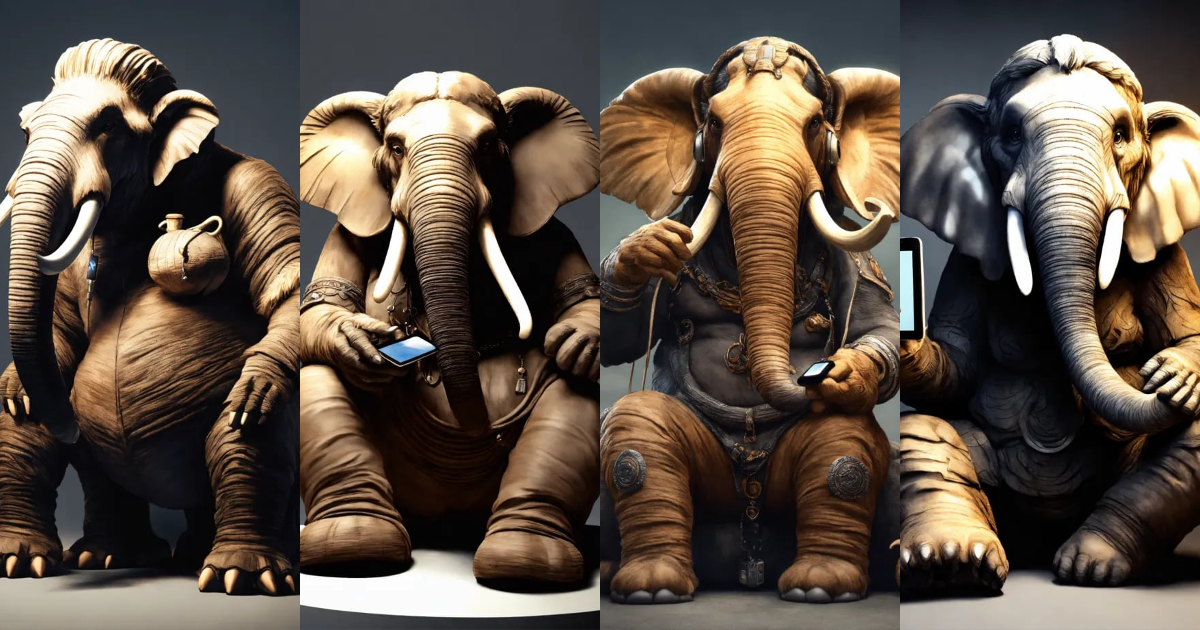 Lexica - Anthropomorphic mammoth sitting and holding a mobile phone ...