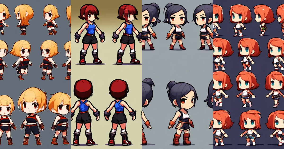 Lexica - Game assets, sprite sheet, girl, short hair, tank top, shorts ...