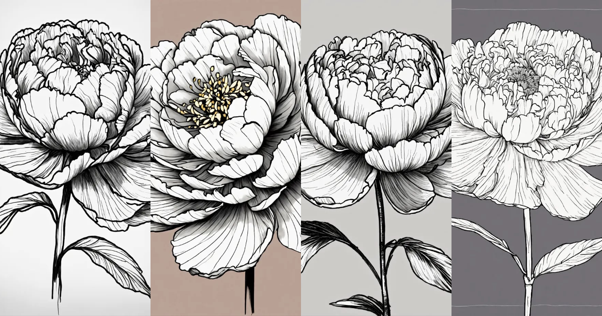 Lexica - Single peony flower with distinct black outline sketch. White ...