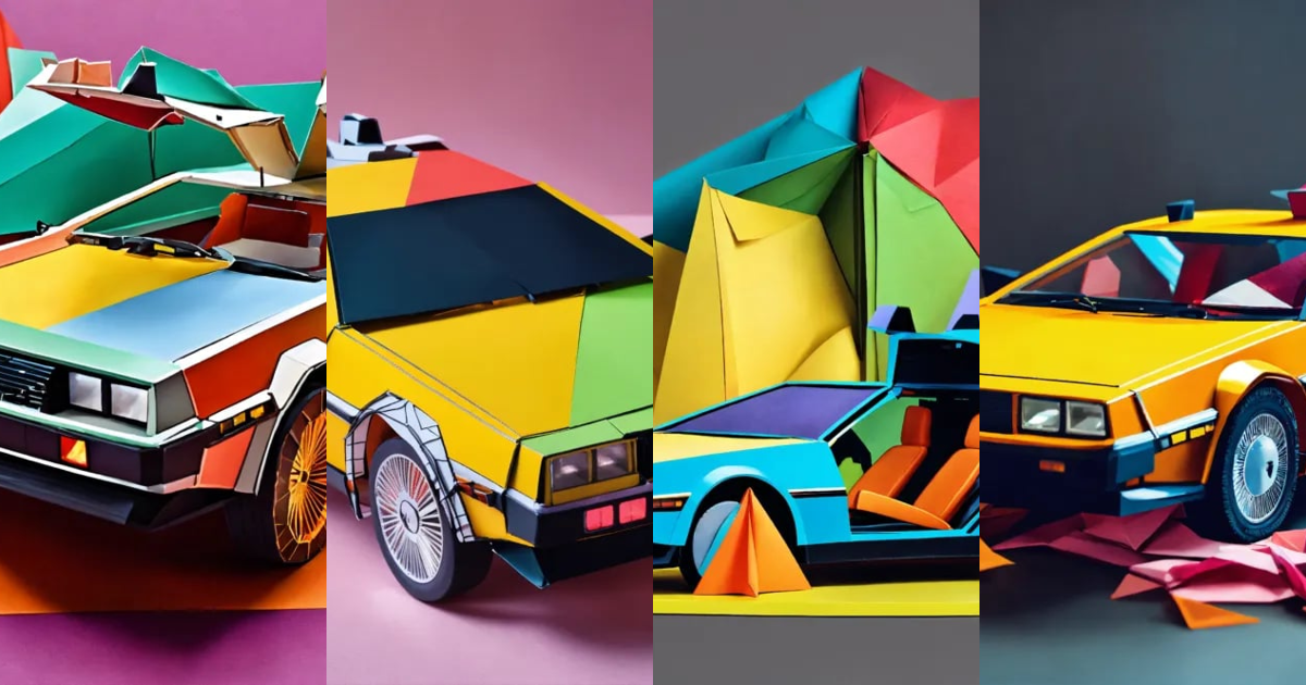 Lexica - Half-built DeLorean with colourful paper and woord origami ...