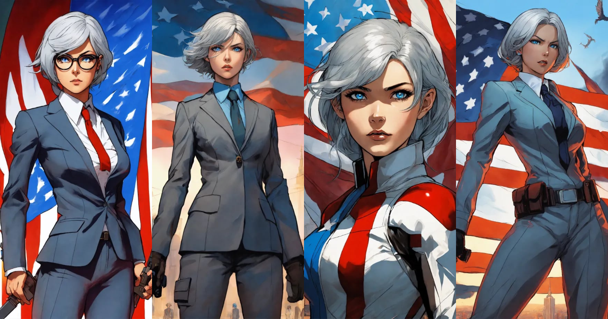 Lexica - Grey-haired female vigilante, combat stance, glowing blue eyes ...