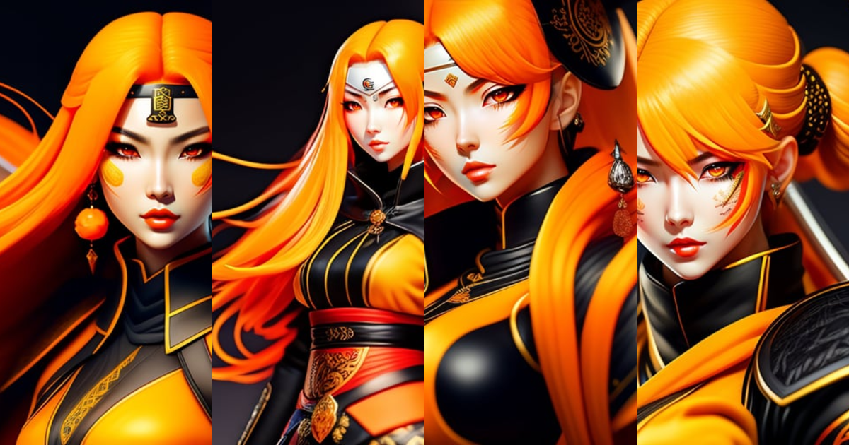 Lexica - Samourai girl with japanese embroidered dress ,orange lips, black and yellow hair ...