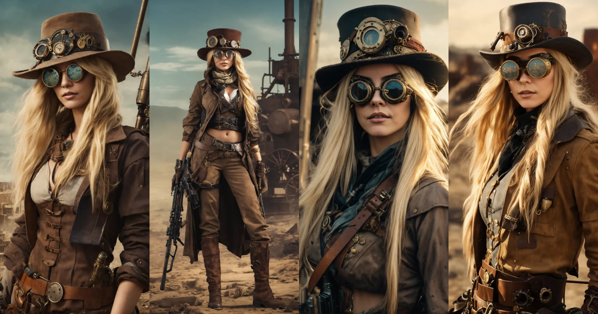 Lexica - A female sniper bandit with long blond hair with hat and steampunk glasses in a Farwest ...