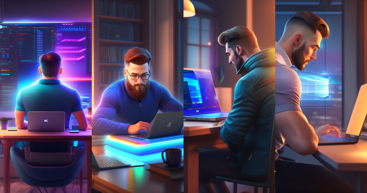 Lexica - A man sitting on the table in the room and coding in the laptop , realistic, ultra ...