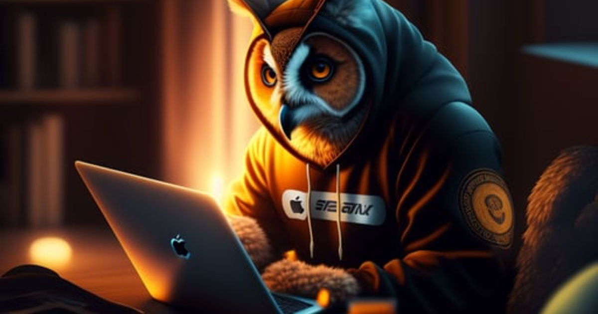 Lexica - An owl coding late at night, with hoodie, macbook, ultra ...