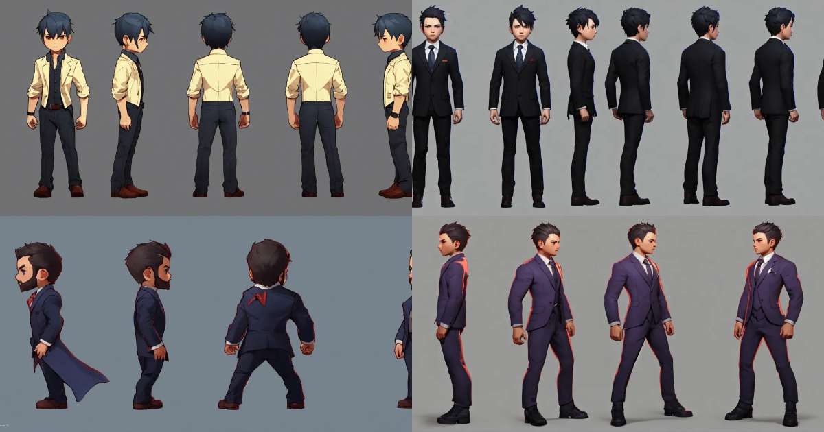 Lexica - Game assets, concept art, boy, walking, suit, evil, sideview ...