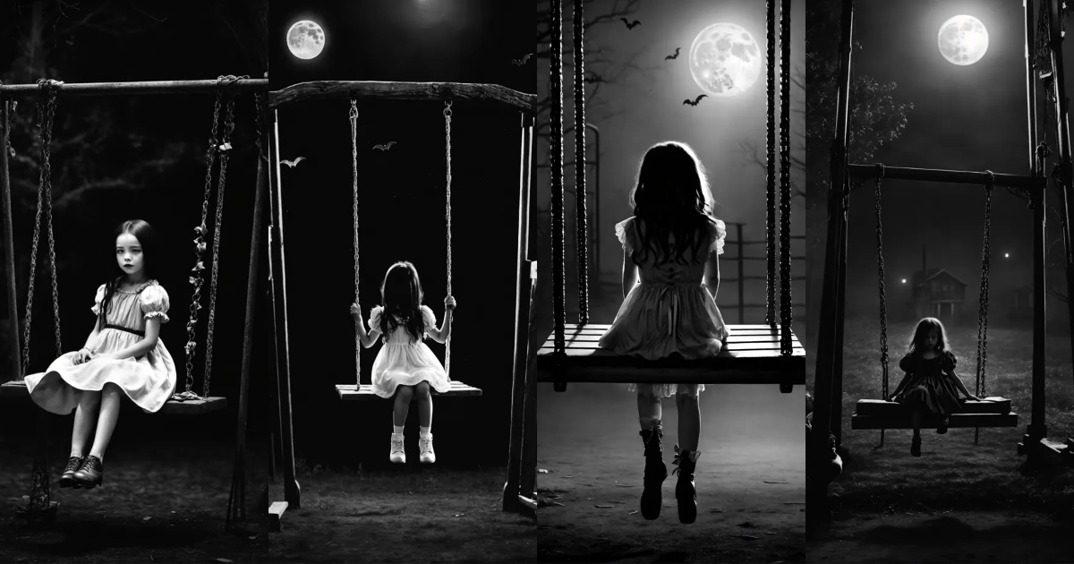 Lexica - Photorealistic, black and white, deep night, dark playground ...