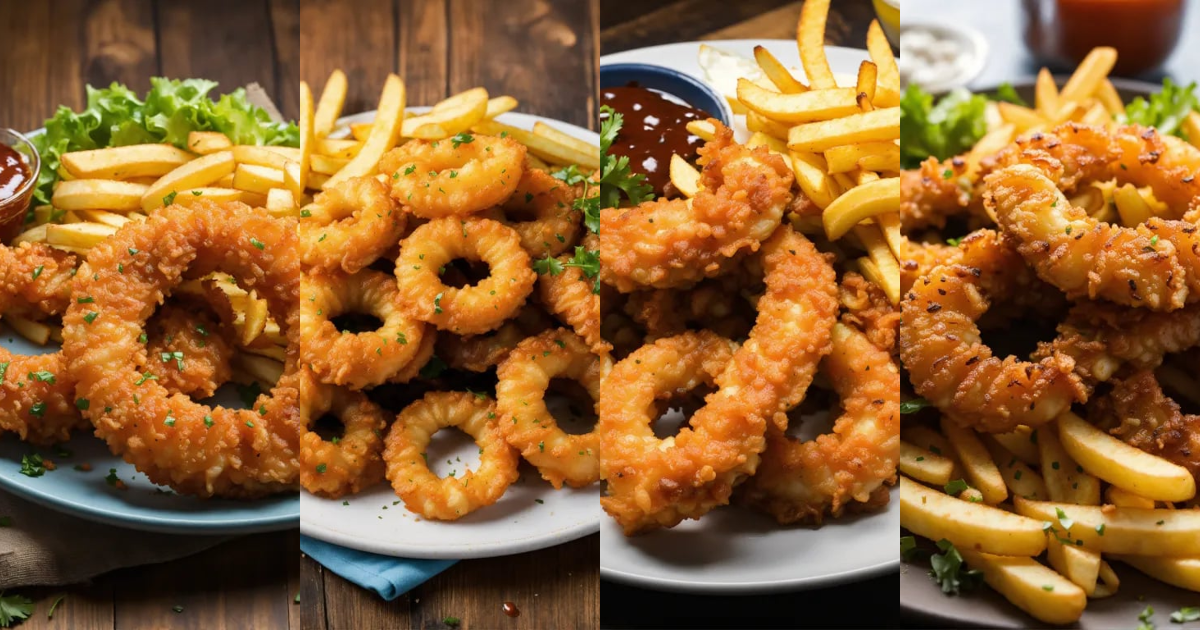 Lexica - BIG CALAMARI RINGS AND FRIES IN ONE PLATE FROM FRONT VIEW