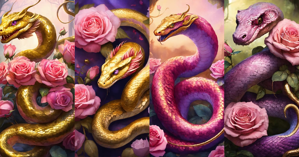 Lexica - Fairy tale large magic gold pink and purple snake pink roses ...