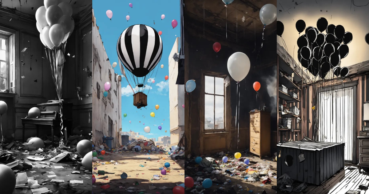 Lexica - A black and white striped balloon is hanging in the air, there ...