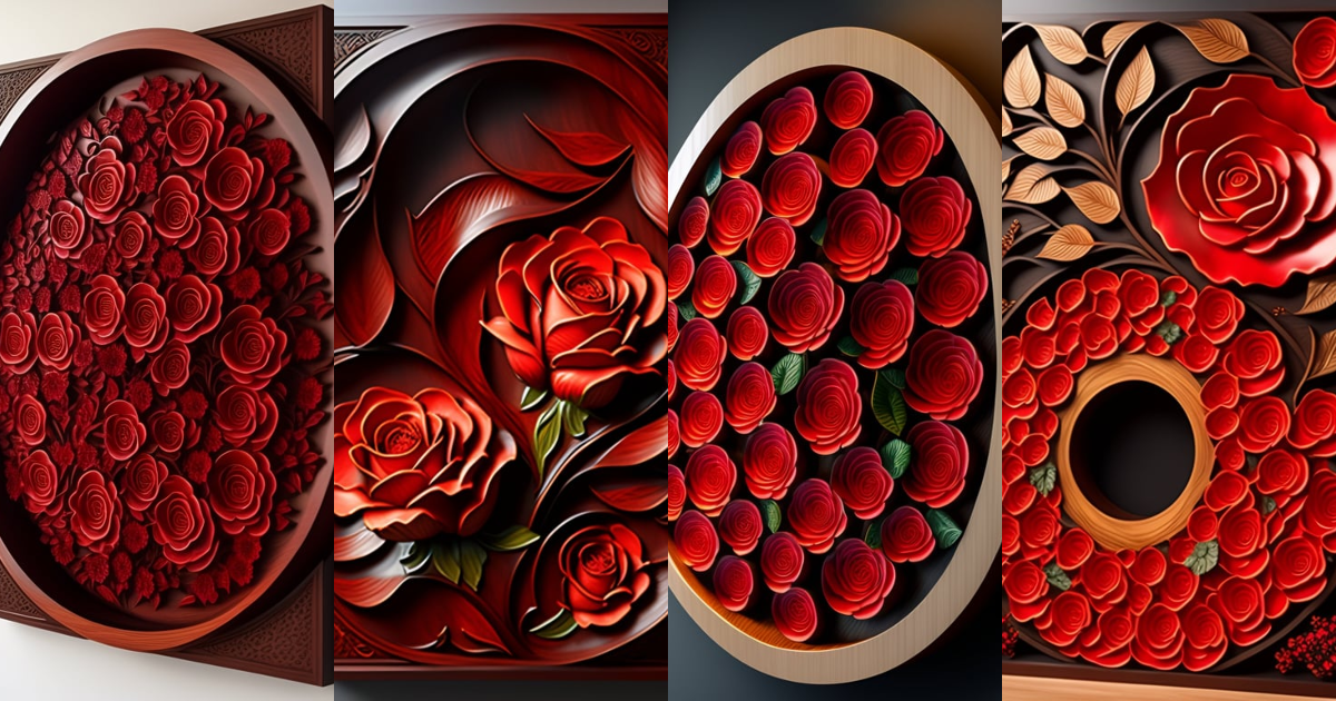 Lexica - Red roses surronded by circular arrangment of leaves, carved ...