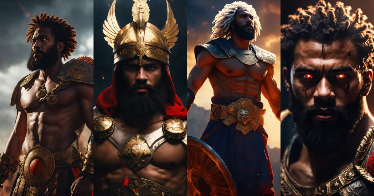 Lexica - Black christ red eyes white afro hair and beard gladiator war ...