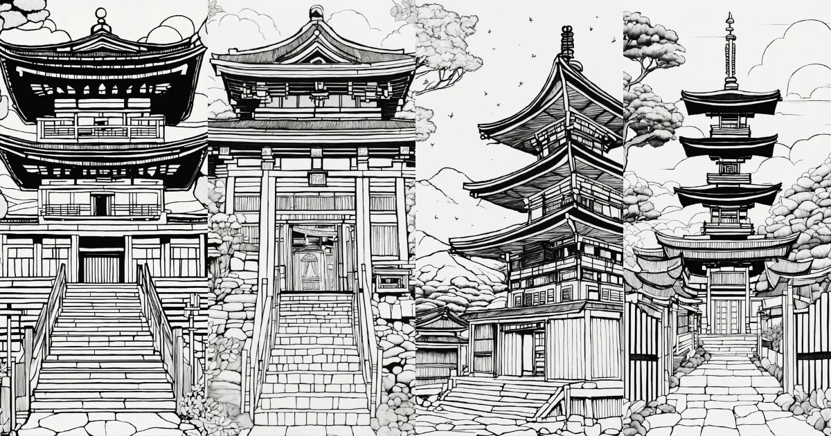 Lexica - A black and white line art drawing of santuario Fushimi Inari ...