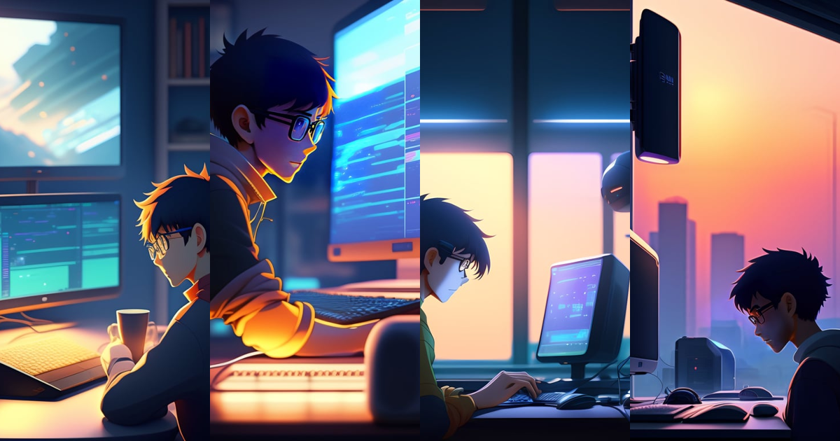 Lexica - A nerdy boy is programming at a computer in a room full of ...