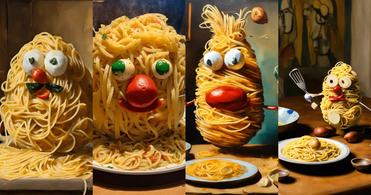 Lexica - A potato character cooking pasta as it was painted by picasso