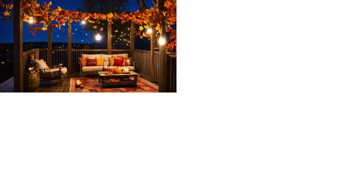 Lexica - Fall theme patio, big comfy couch, big fluffy rug, fall leaves ...