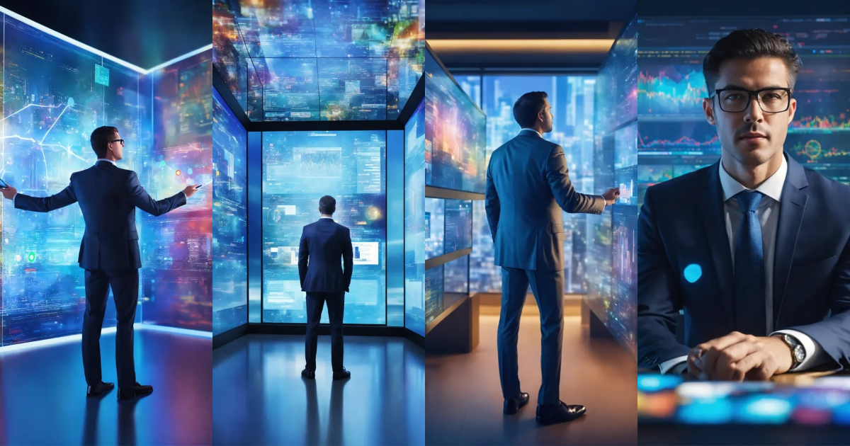 Lexica - A vibrant image depicts a businessman standing behind a fully ...