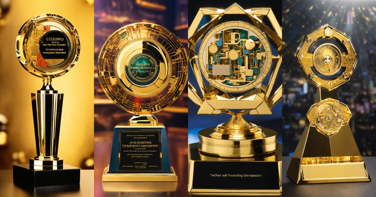 Lexica - Design a shiny gold technology themed trophy with a vibrant ...