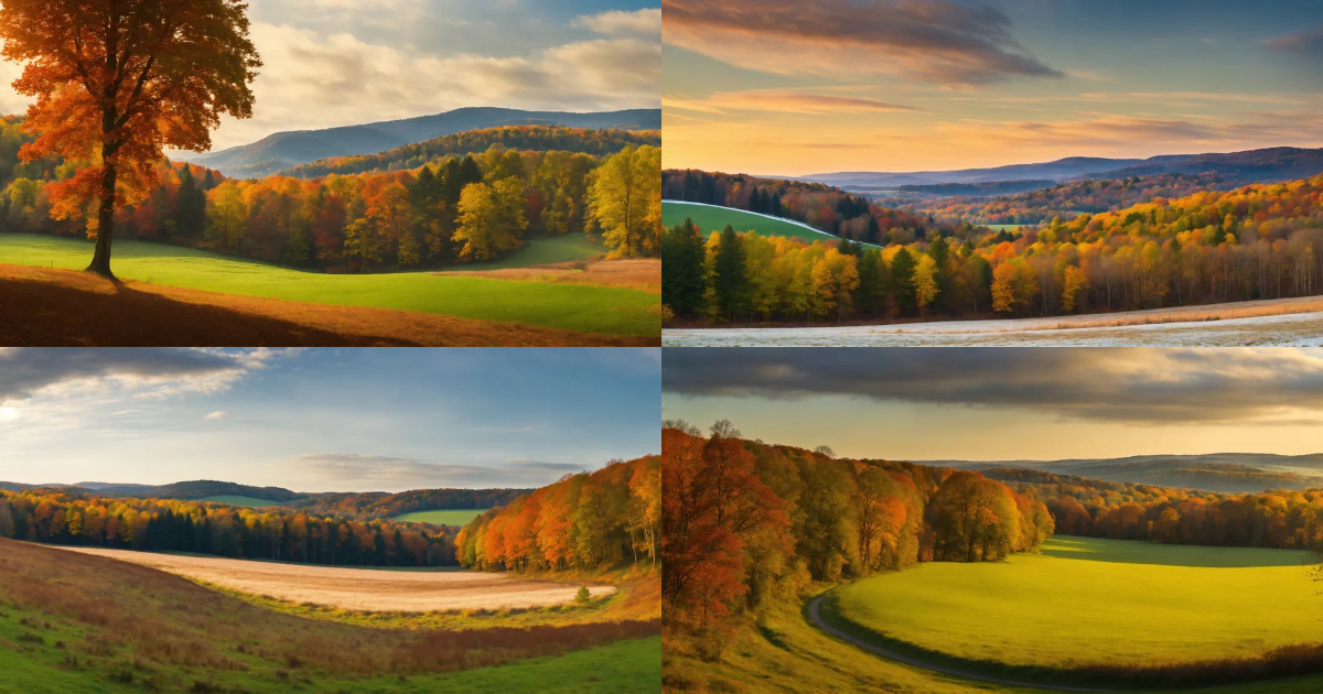 Lexica - A panoramic outdoor scene of woodland fields and hills that ...