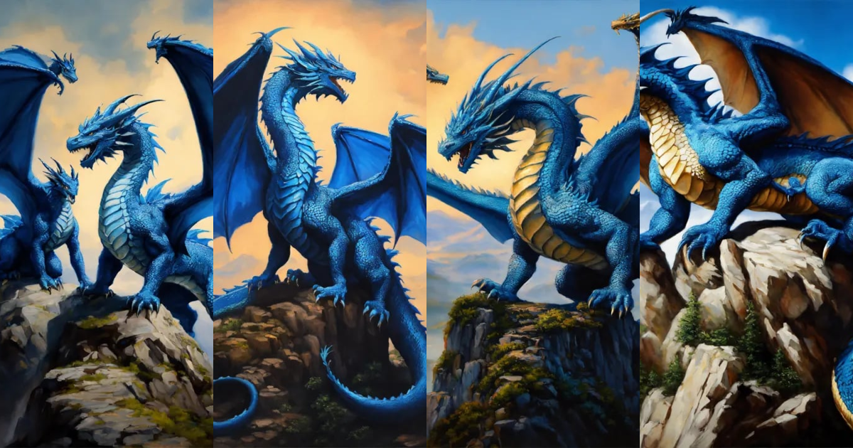 Lexica - Oil painting of a big blue dragon and a small blue dragon ...