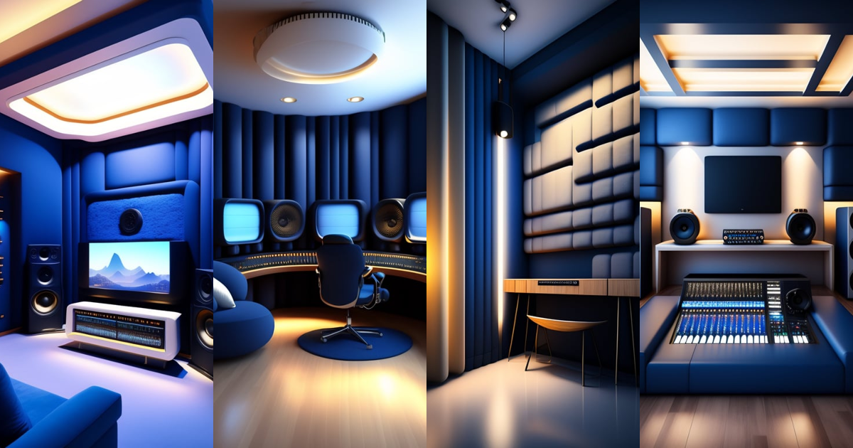 Lexica - Futuristic homey cozy recording studio dark blue interior design