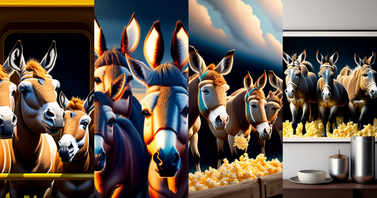 Lexica - A row of happy! donkeys!!! eating popcorn with fascination and ...