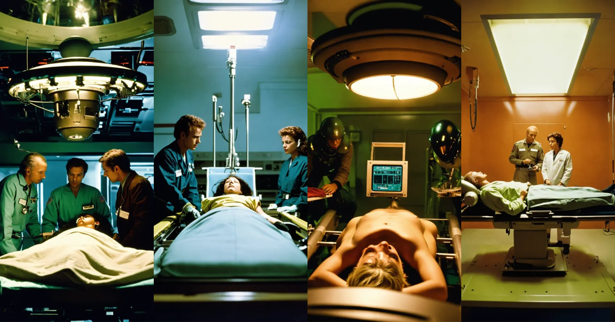 Lexica - A photograph of two aliens observing a patient lying on an ...