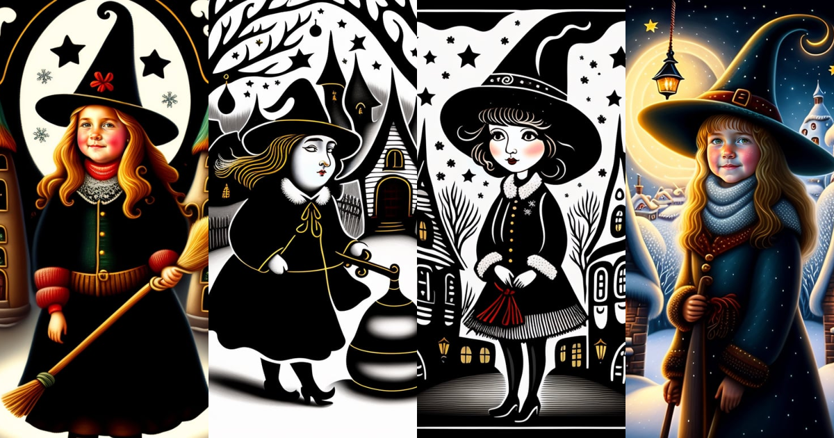 Lexica - A little tired witch in a hat sits on a broomstick and flies ...