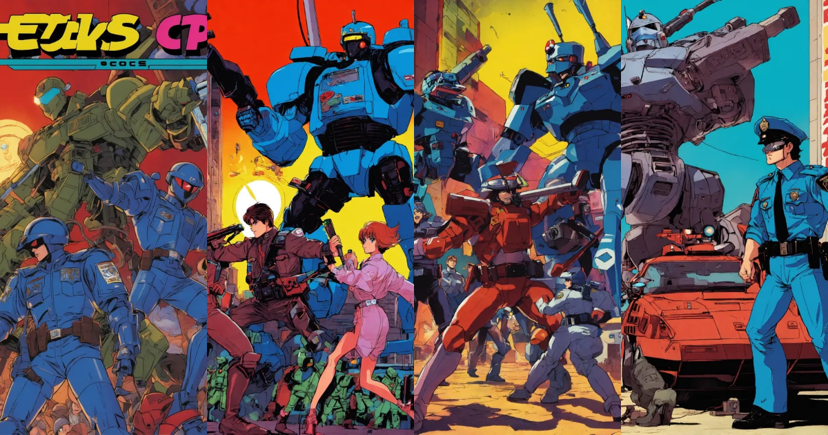 Lexica - 80s anime evil cops and robots fighting comic cover