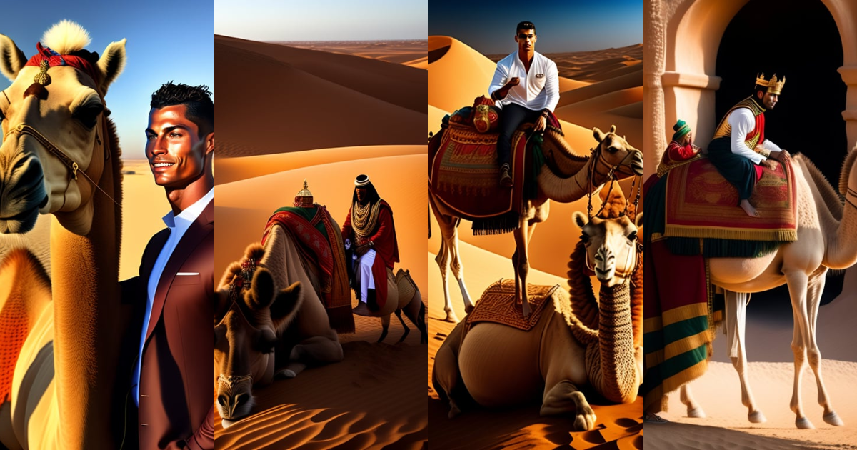 Lexica - King Cristiano Ronaldo on a camel with a rob
