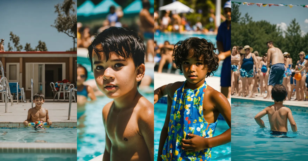 Lexica - A kid at the pool, crowd surrounding him