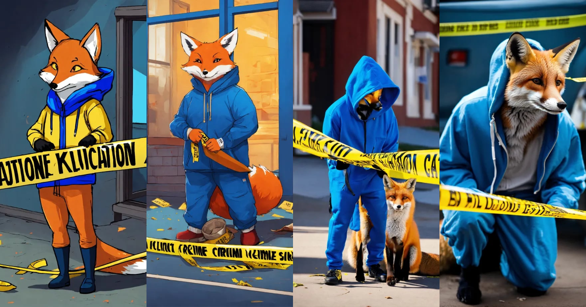 Lexica - A fox in a blue hoodie securing a crime scene with caution tape.