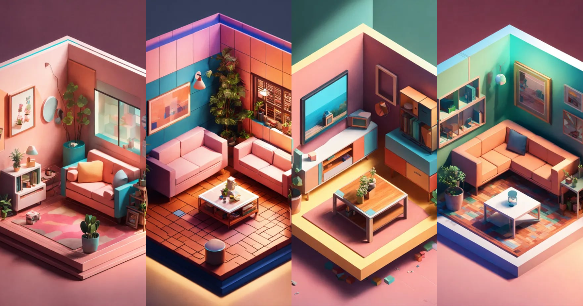 Lexica - Cube cutout of an isometric living room, 3d art, pastel colors ...
