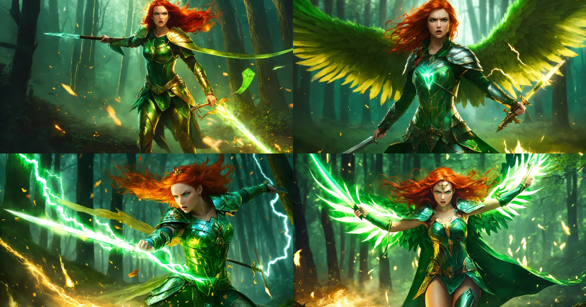 Lexica - Angry redhead, dark Green eyes, green fire angel woman flying ...