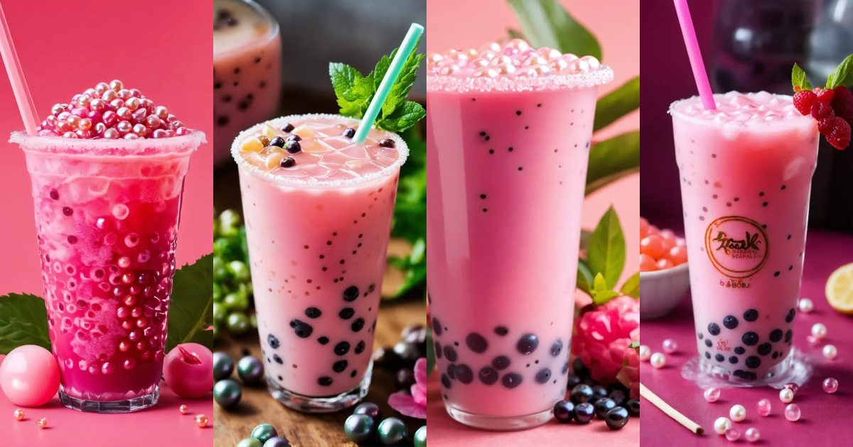 Lexica - Web page, bubble tea, tapoica pearls. pink boba drink.