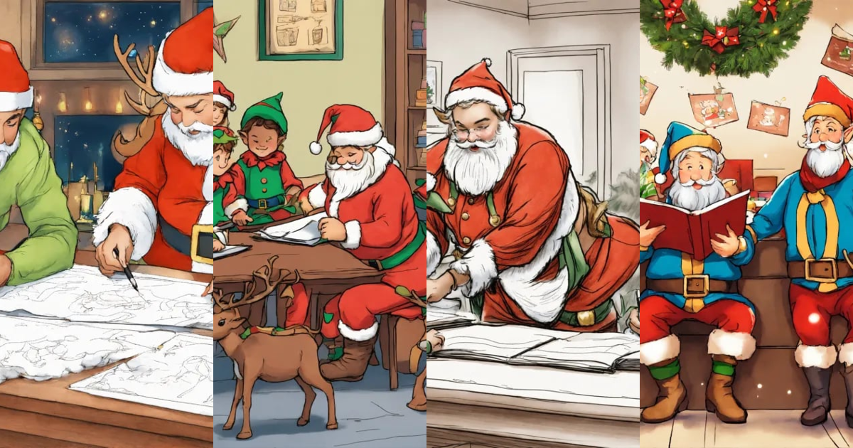 Lexica - Elves helping Santa, Organized, Teamwork, reindeer, drawing