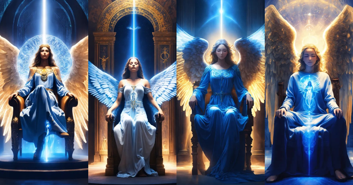 Lexica - People siting on a chair, angels with blue light surrend her ...