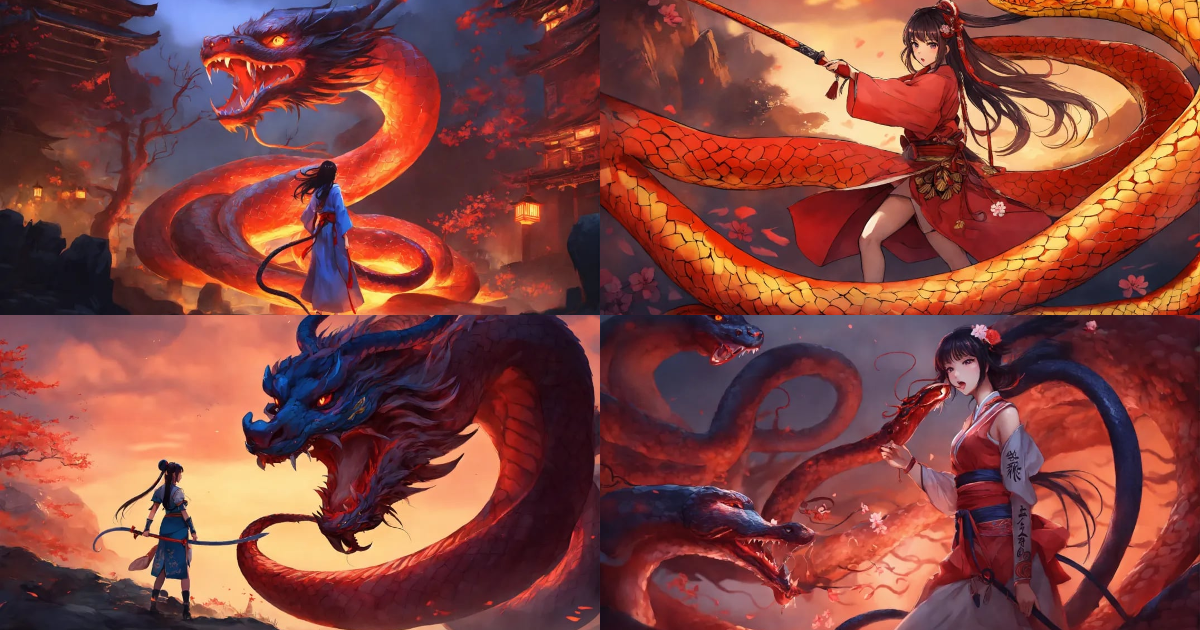 Lexica - Girl Asia fantasy Japan dynamics fights the demon snakes hand drawn style 8к